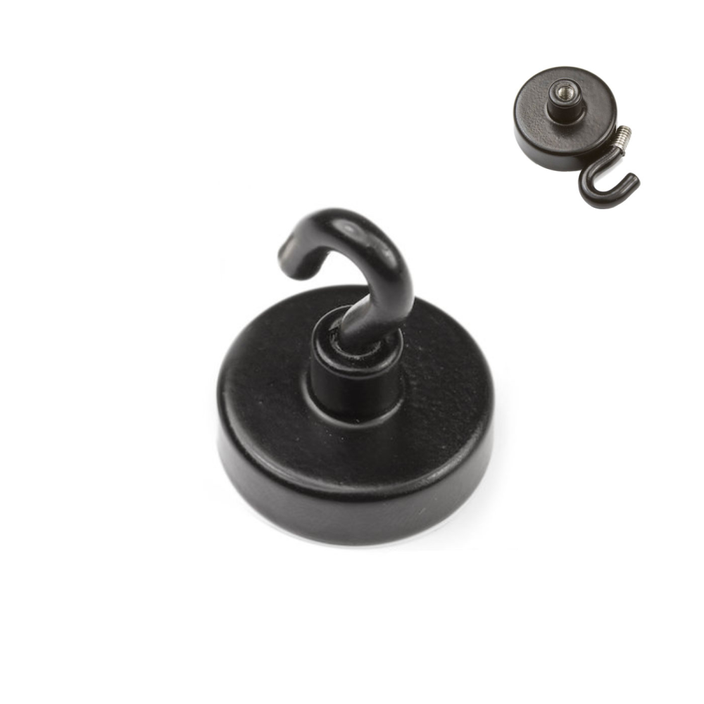 Sort krogmagnet, stærk | Pottemagnet med krog, Sort Ø16 mm.